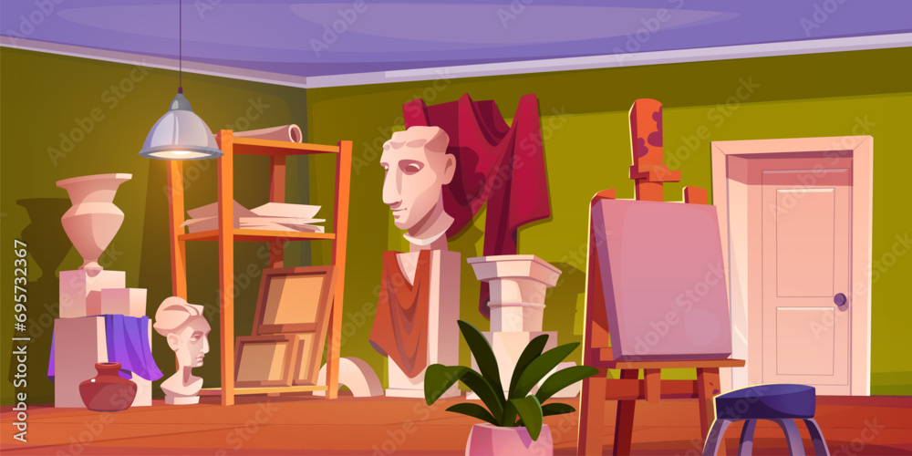 Artist or sculptor workshop interior. Vector cartoon illustration of ...