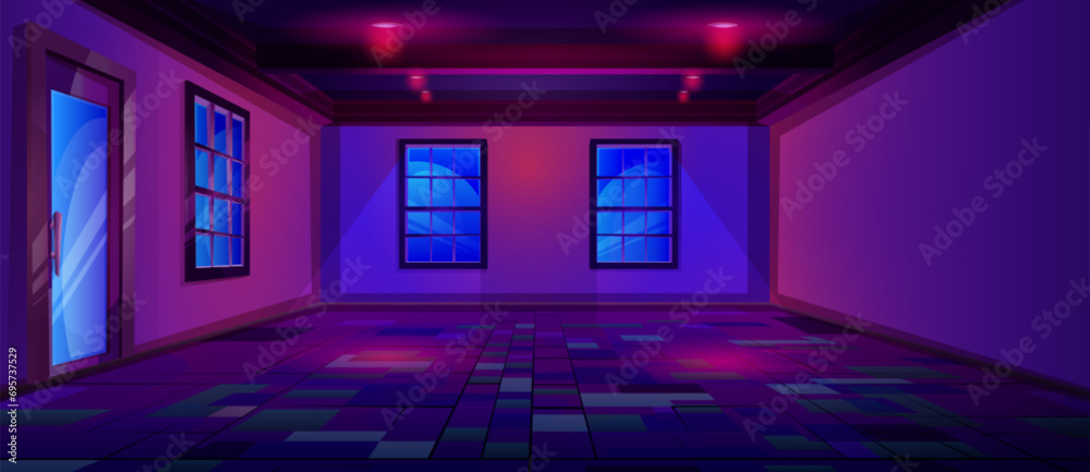 Empty room with door and windows at night. Cartoon vector illustration ...