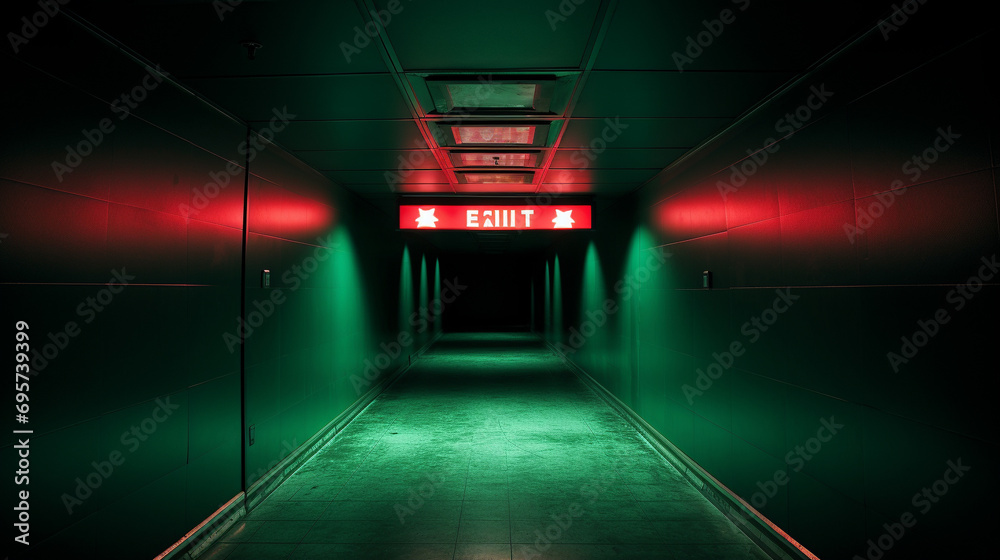emergency exit sign glowing in a dark corridor Stock-Foto | Adobe Stock