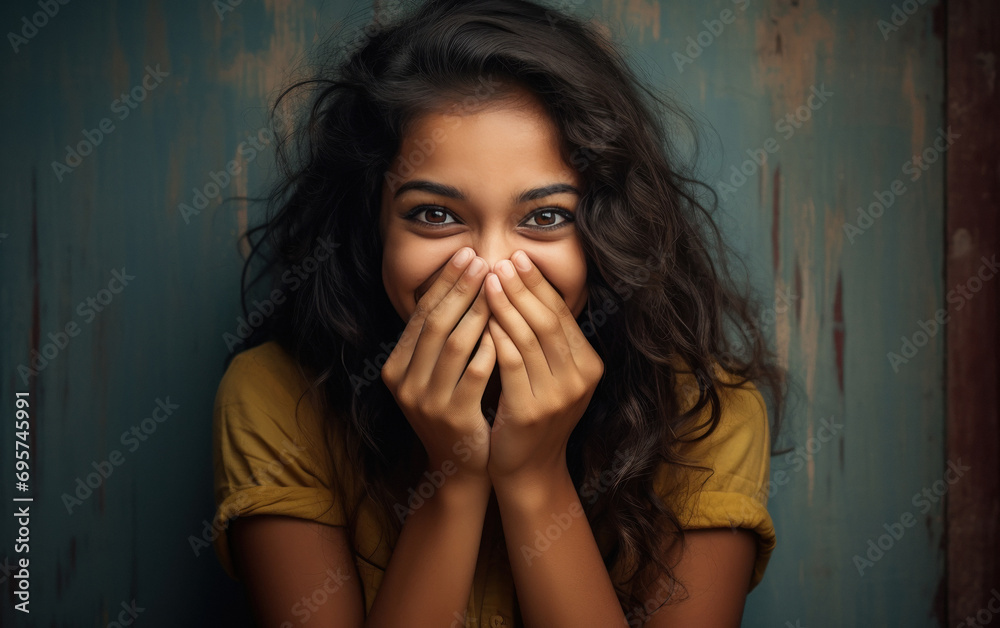 young indian woman in a mocking pose with hands on mouth Stock Photo ...