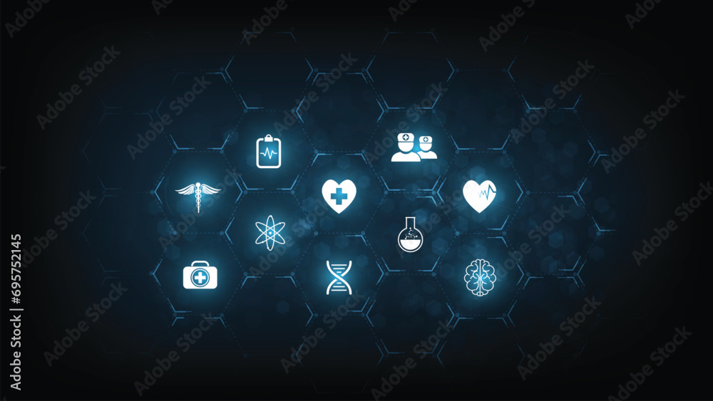 Healthcare and technology concept with flat icons and symbols. Template ...