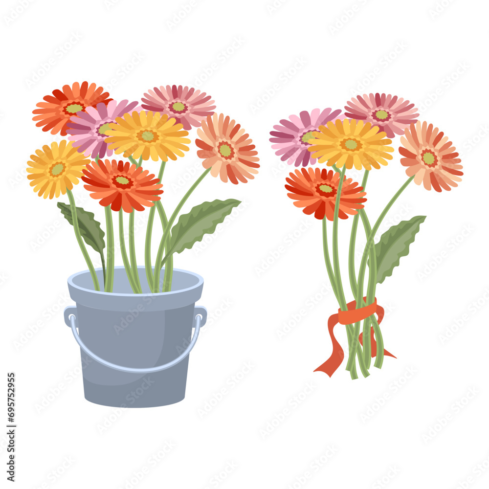 A set of a bouquet of gerberas standing in a decorative bucket and a ...