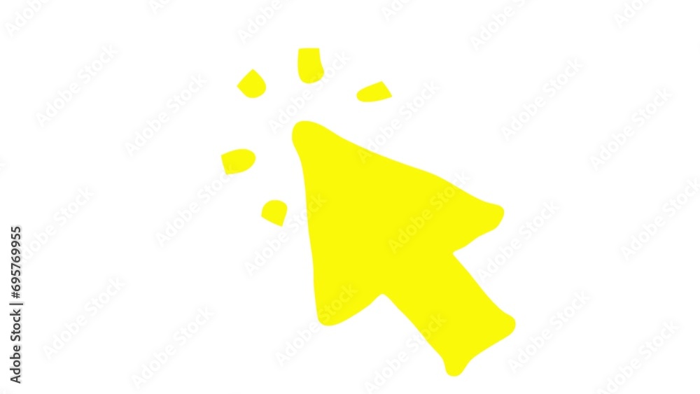 Animated yellow symbol of mouse cursor with rays. Arrow moves and ...