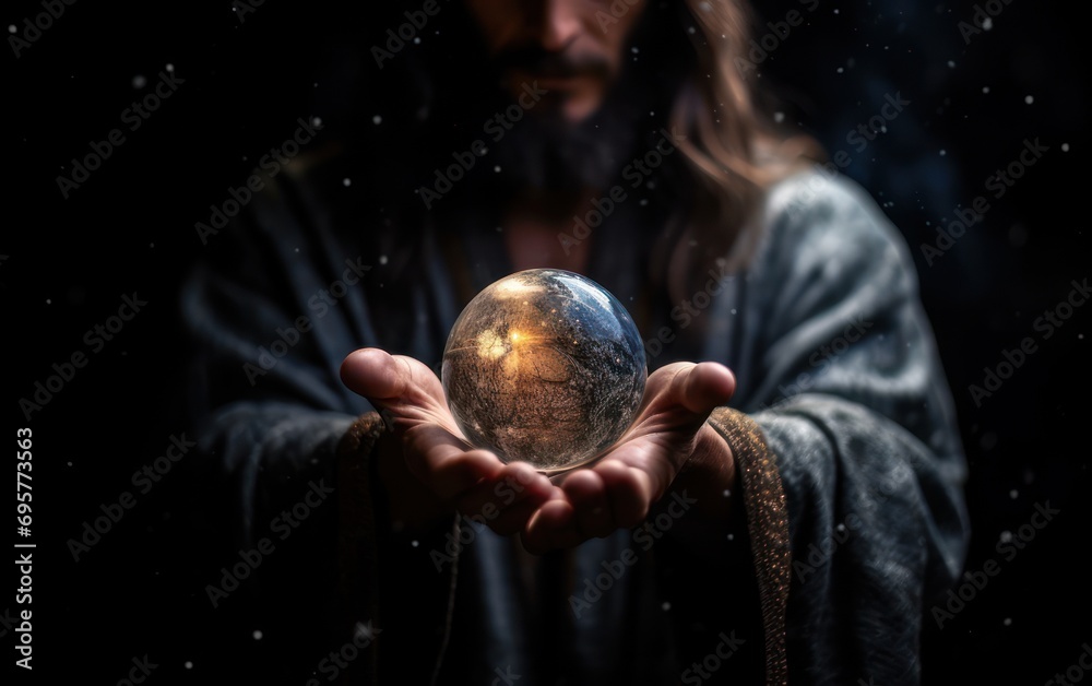 Jesus holding the world with dark background Stock Photo | Adobe Stock
