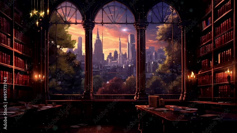 classic library with window view of tall buildings in the city, loop ...