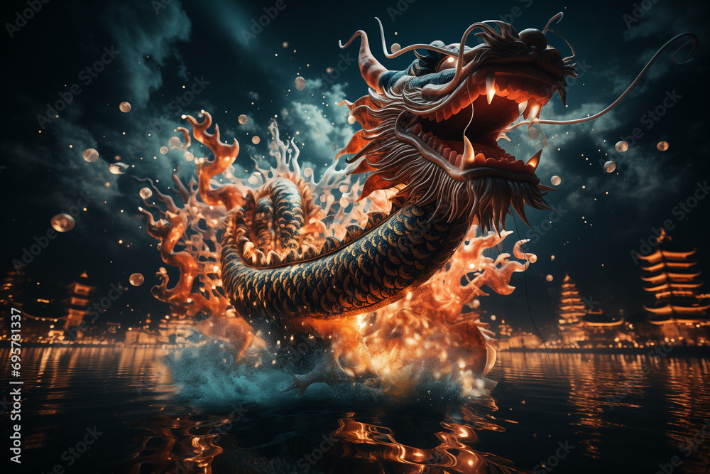 Realistic Chinese Magic Fantasy Dragon Flying through a Night Sky over ...