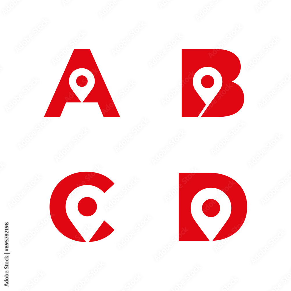 Letter A B C D logo with location icon. A B C D pointer logo template ...