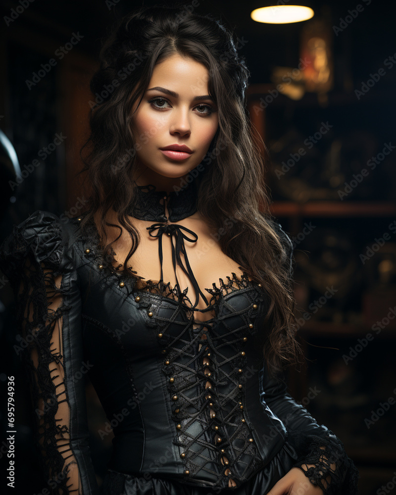 A striking fashion model exudes elegance and edginess in a gothic ...