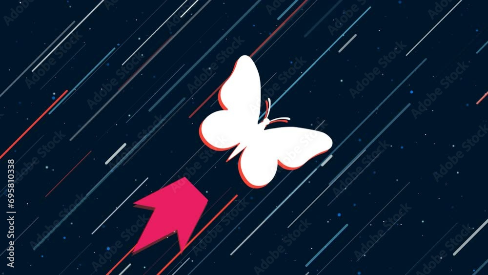 Butterfly symbol flies through the universe on a jet propulsion. The ...