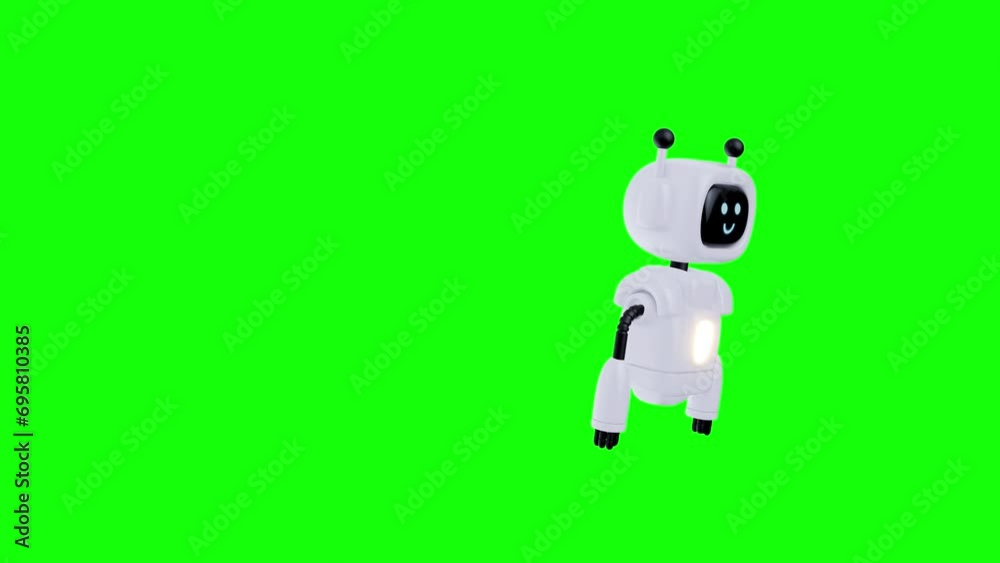 Cartoon robot walking or flying to path on green background. Cute ...
