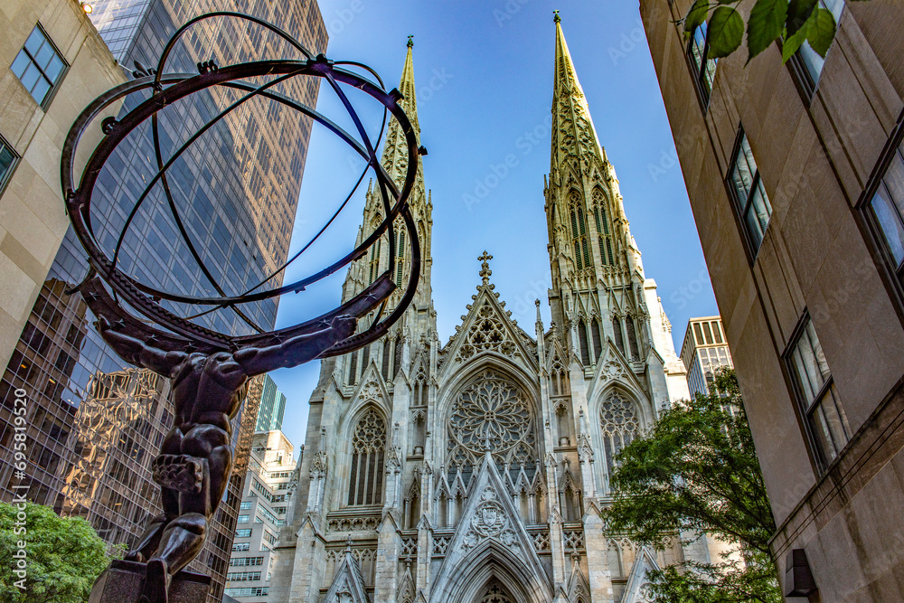 New York, USA; May 31, 2023: The famous giant Atlas holding the planet ...