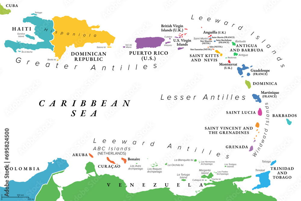 Lesser Antilles of the Caribbean, multicolored political map. Group of ...