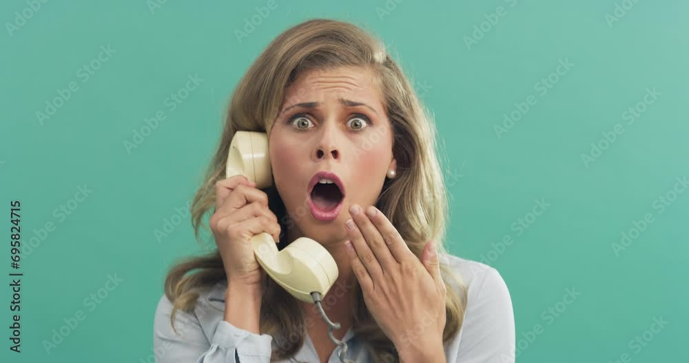 Businesswoman, face and call on vintage phone in studio, shock and ...
