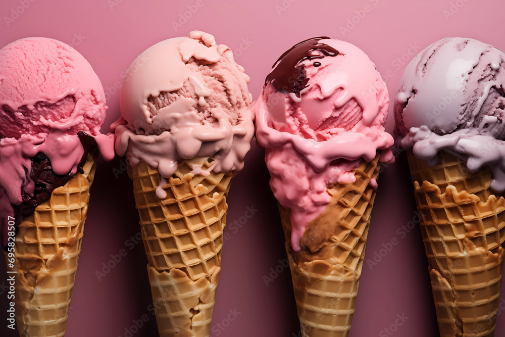 Variety of ice cream cones in many flavours with copy space for ...