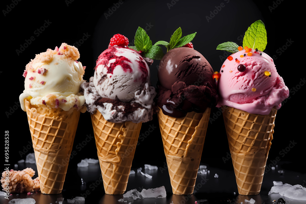 Variety of ice cream cones in many flavours with copy space for ...
