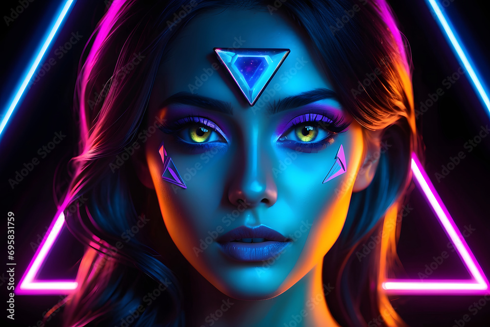 Portrait of a beautiful futuristic woman face with neon lights on black ...