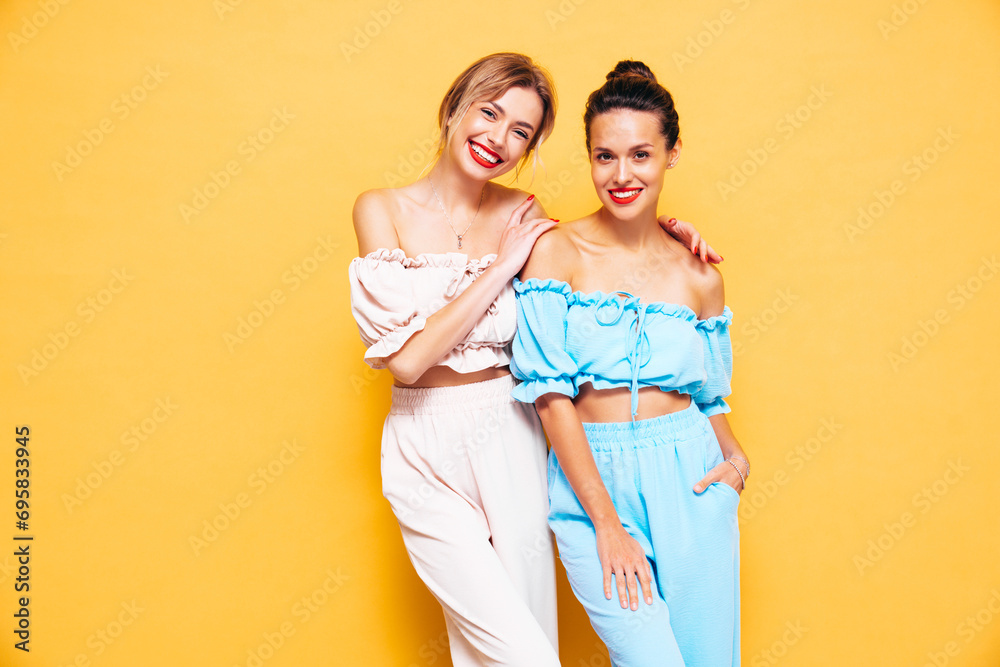 Two Young Beautiful Smiling Brunette Hipster Female In Trendy Summer