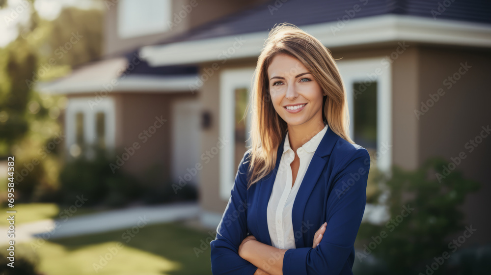 Confident American woman real estate agent stands proudly outside a ...