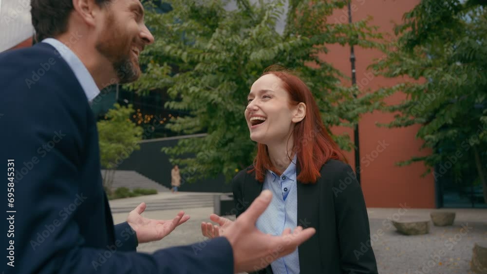 Work break in city office outside collaboration business partners happy ...