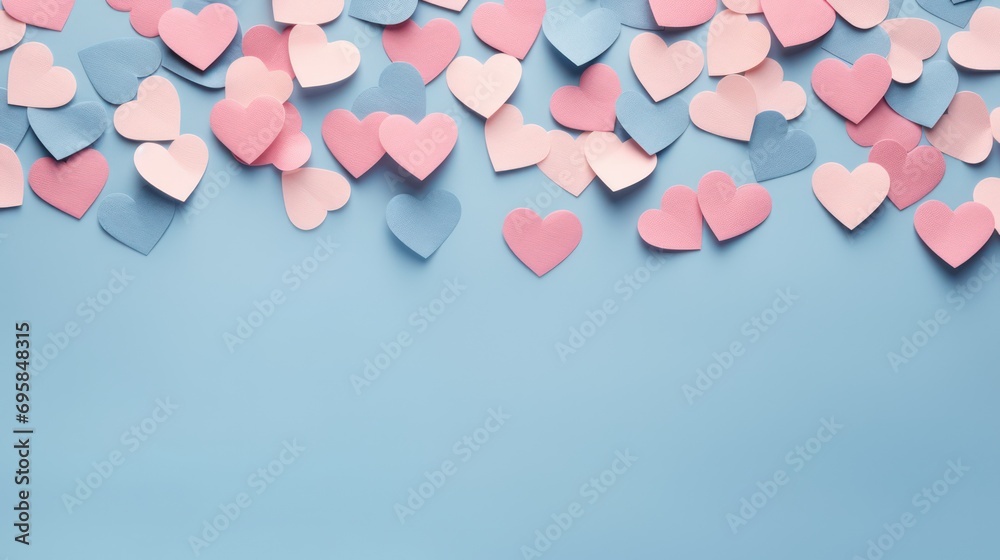 A background featuring a light blue textured paper, adorned with heart ...
