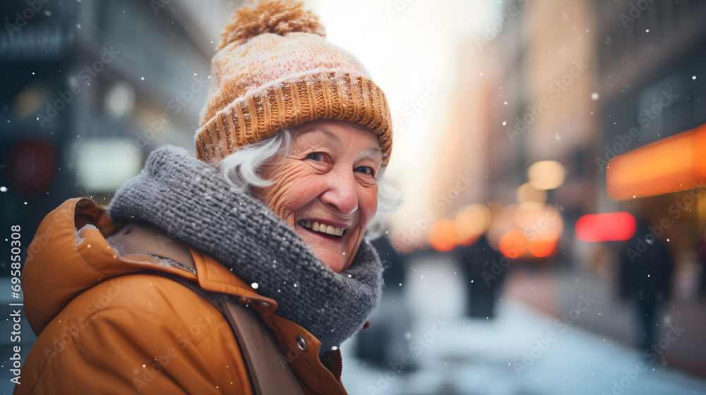 An old lady wearing a scarf, yellow winter jacket and a cap, walking on ...