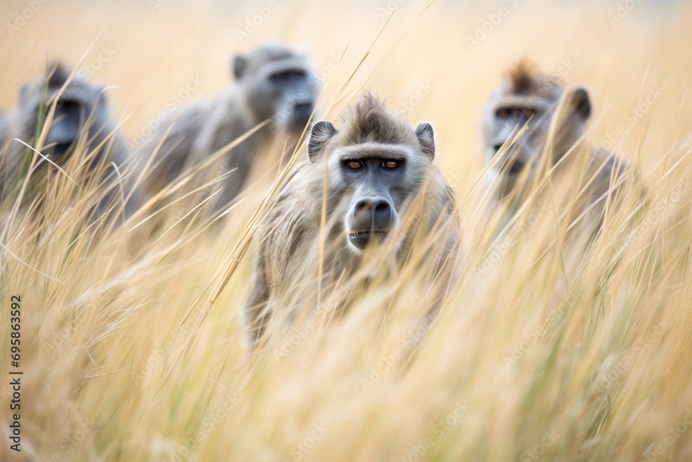 baboon troop moving through tall grass Stock Photo | Adobe Stock