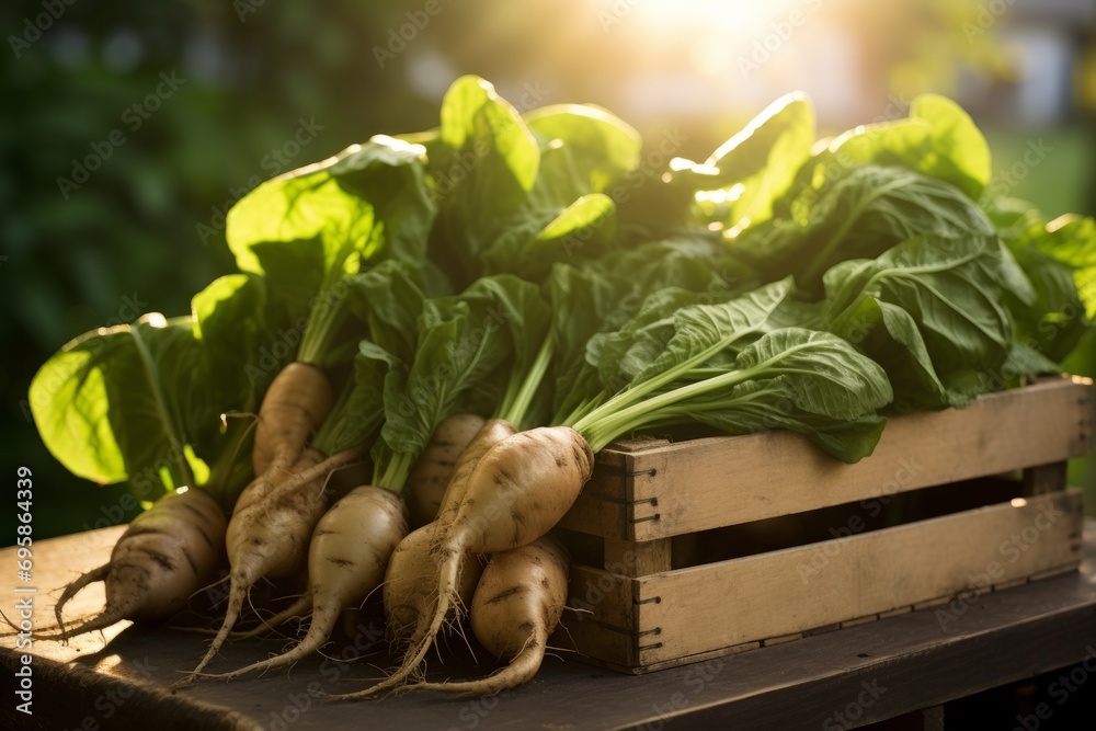 Fresh Yautia roots straight from the farm, housed in a vintage wooden ...