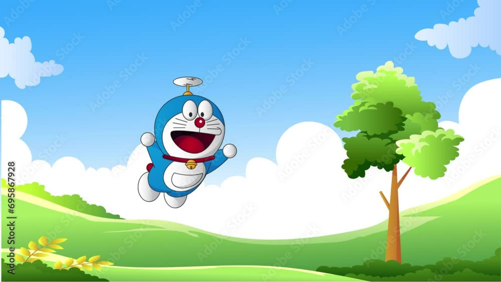 2d animation cartoon cat robot wear bamboo copter and fly / tree ...