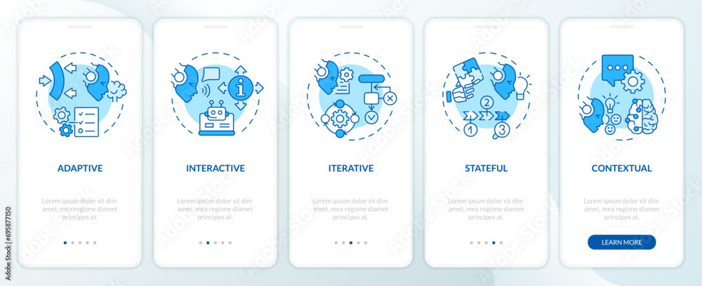 2D icons representing cognitive computing features mobile app screen ...