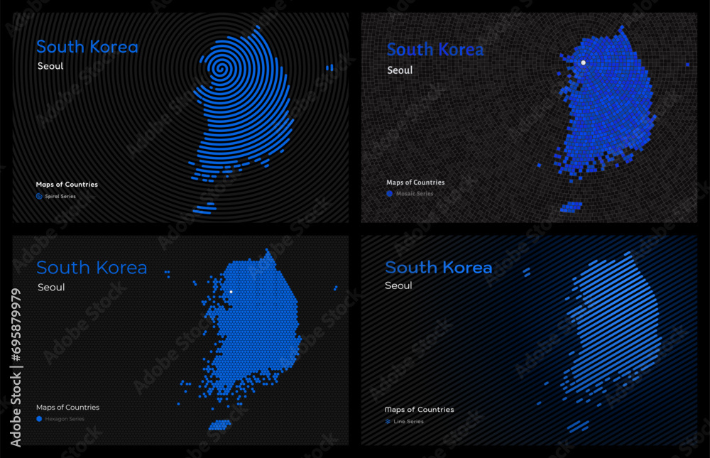Creative map set of 4 styles of South Korea. Capital Seoul. Capital ...