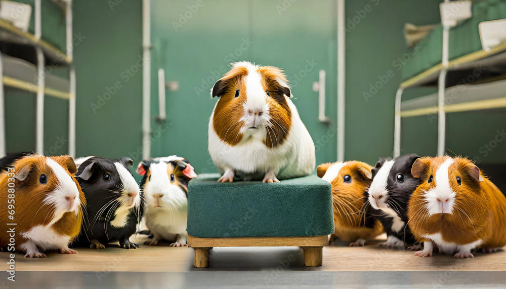Leader, follower concept. Team or group of guinea pigs behind its ...