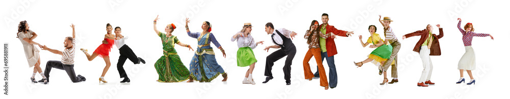 Diversity of dance types. Young beautiful people, men and women dancing ...