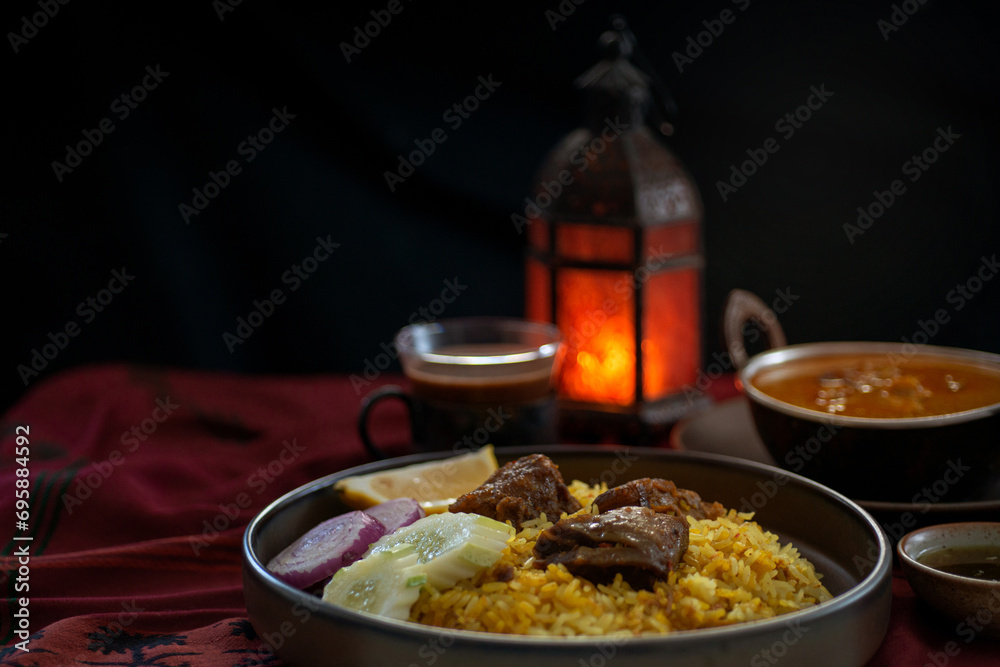 Beef Biryani, traditional spicy Muslim food, yellow rice cooked with ...