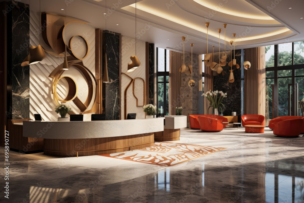 Interior of luxury hotel lobby zone with reception desk and relax zone ...