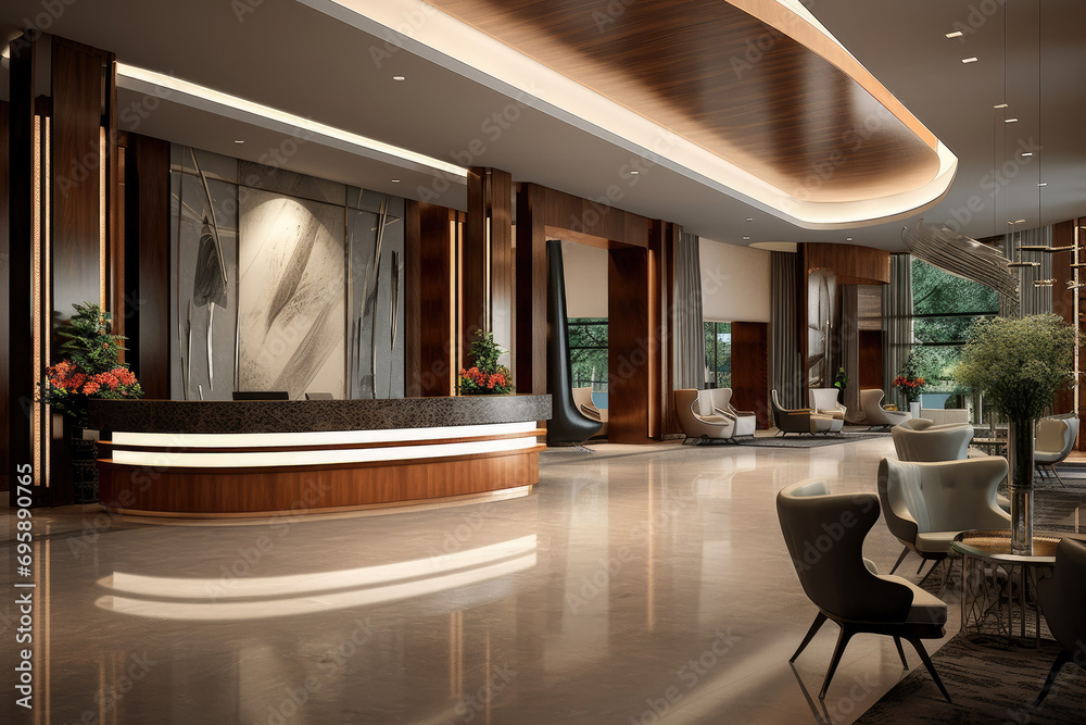 Interior of luxury hotel lobby zone with reception desk and relax zone ...