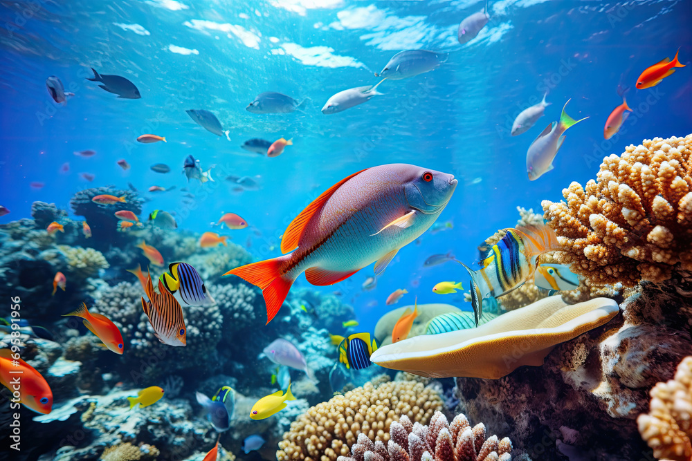 Underwater with colorful sea life fishes and plant at seabed background ...
