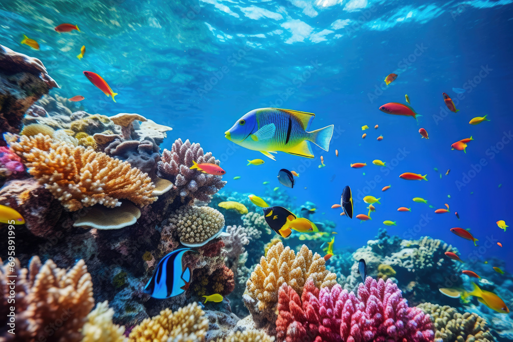 Underwater with colorful sea life fishes and plant at seabed background ...