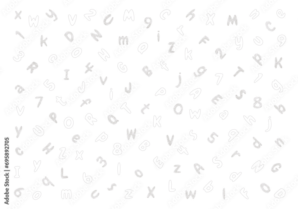 Backdrop from alphabet letters, hatched and outline symbols in a sketch ...