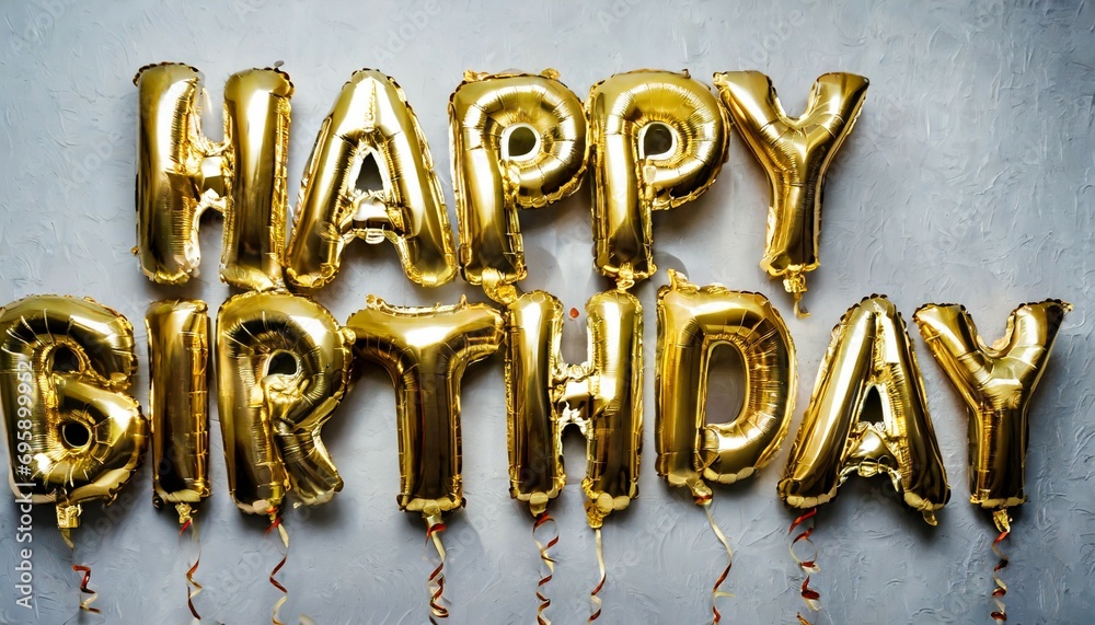 words happy birthday made of golden inflatable balloons on white ...