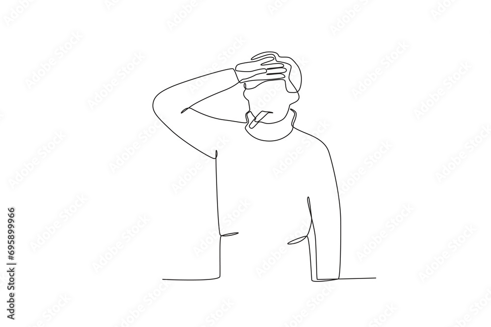 One continuous line drawing of A sick man is checking his temperature ...