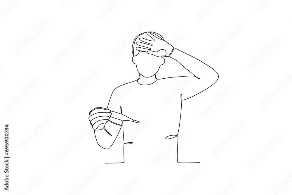 One continuous line drawing of A man checking his temperature while ...