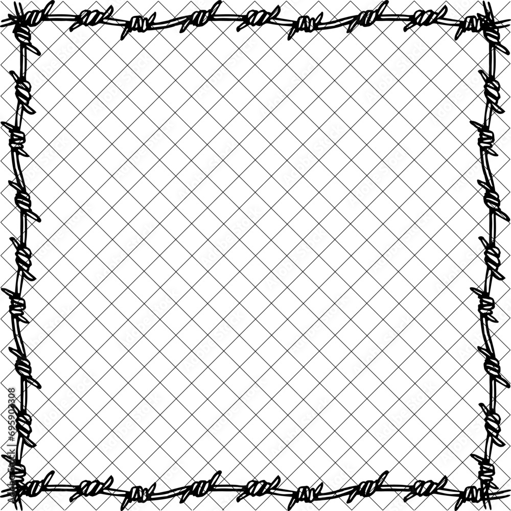 Checkered background with barbed wire on the sides. Black graph line ...