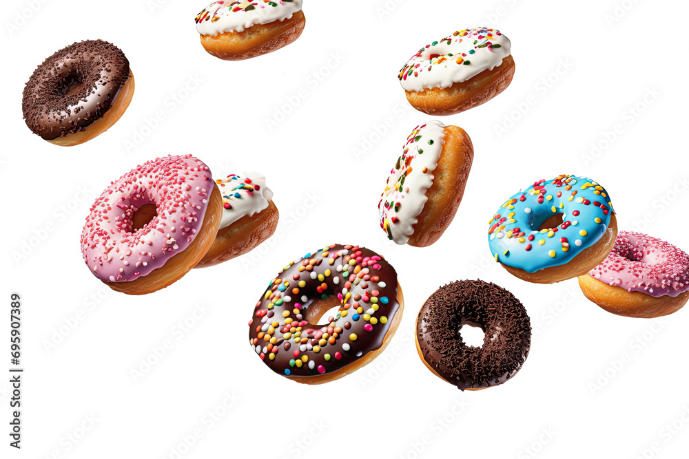 Donuts with icing, crumbles and sprinkles that flying isolated on ...