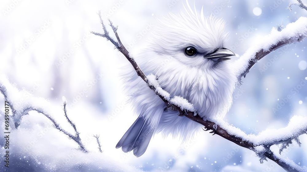 Cute fluffy little white bird sitting on a snowy tree branch. Winter ...