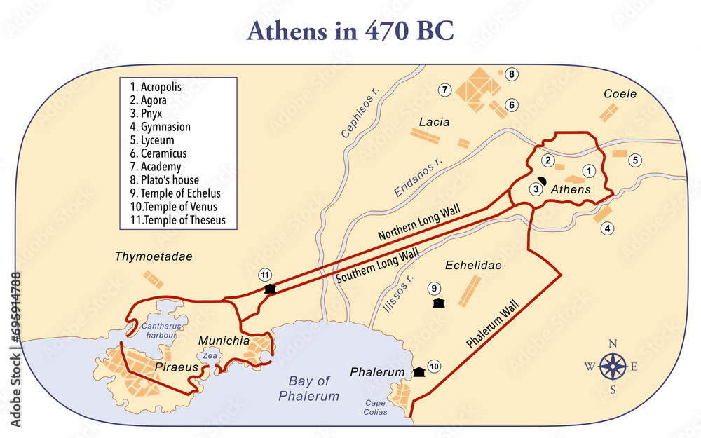 Map of ancient Athens with the major sites and the long Walls Stock ...
