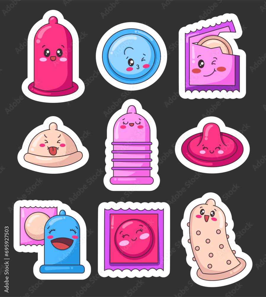Cute happy condom characters. Sticker Bookmark. Funny kawaii ...