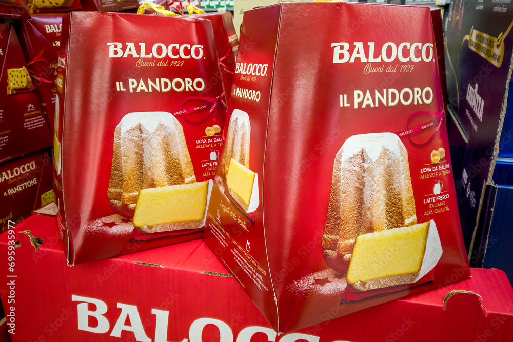 Italy - December 20, 2023: Balocco Pandoro cake in red package of ...