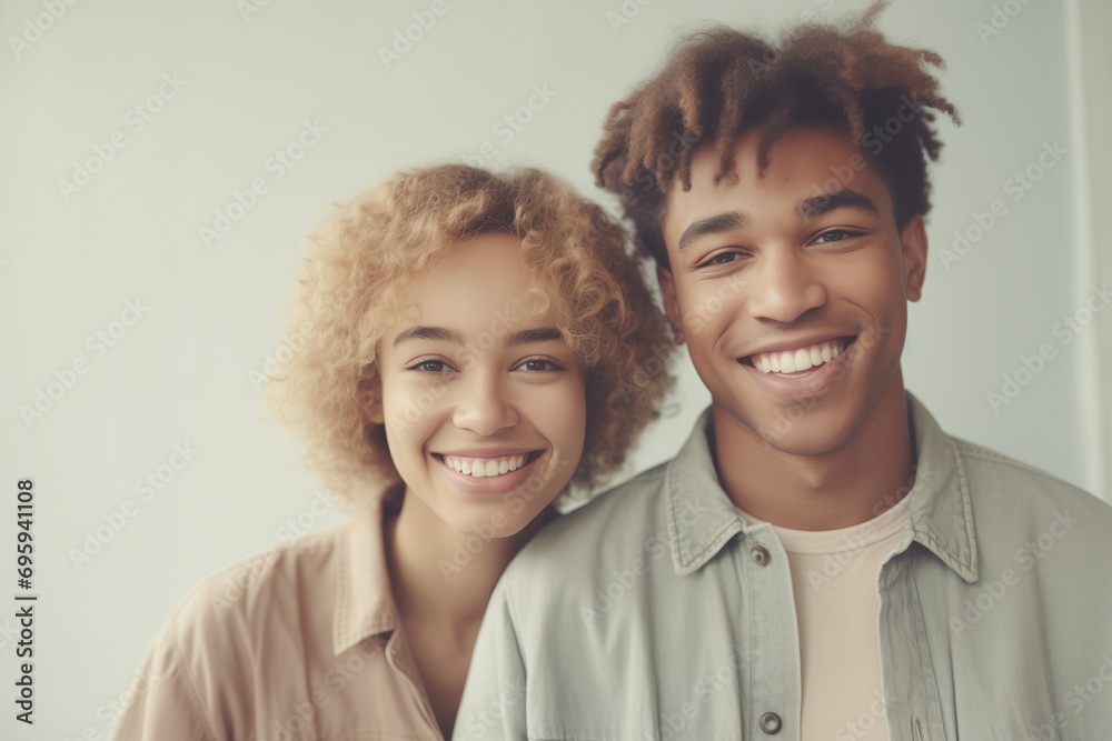 Radiant young African American siblings with beautiful smiles in casual ...