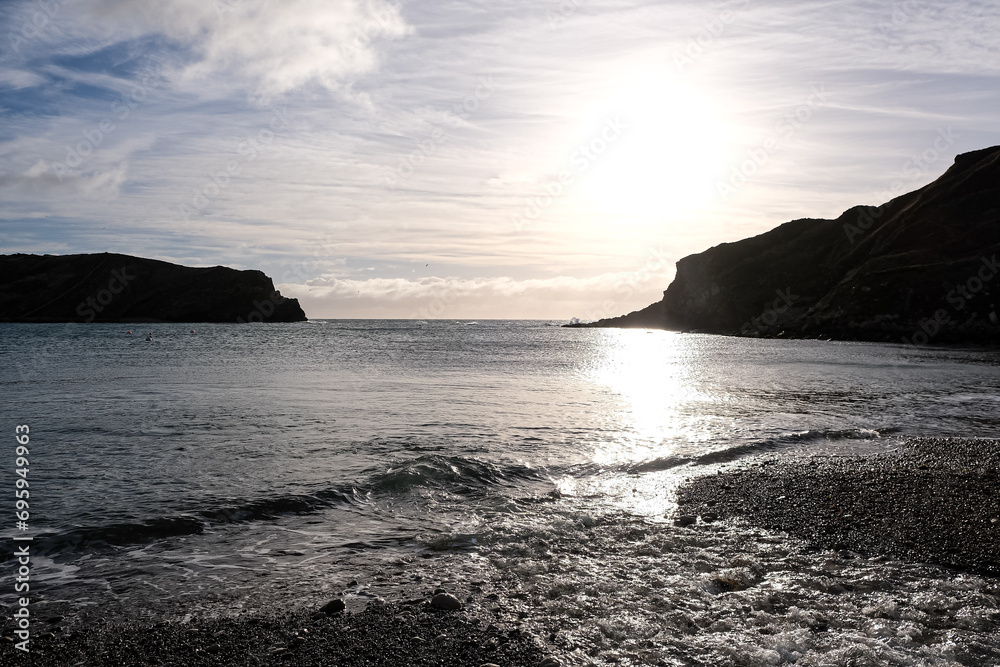 Lulworth Cove and beach view at winter day. Lulworth Cove bay, beach ...