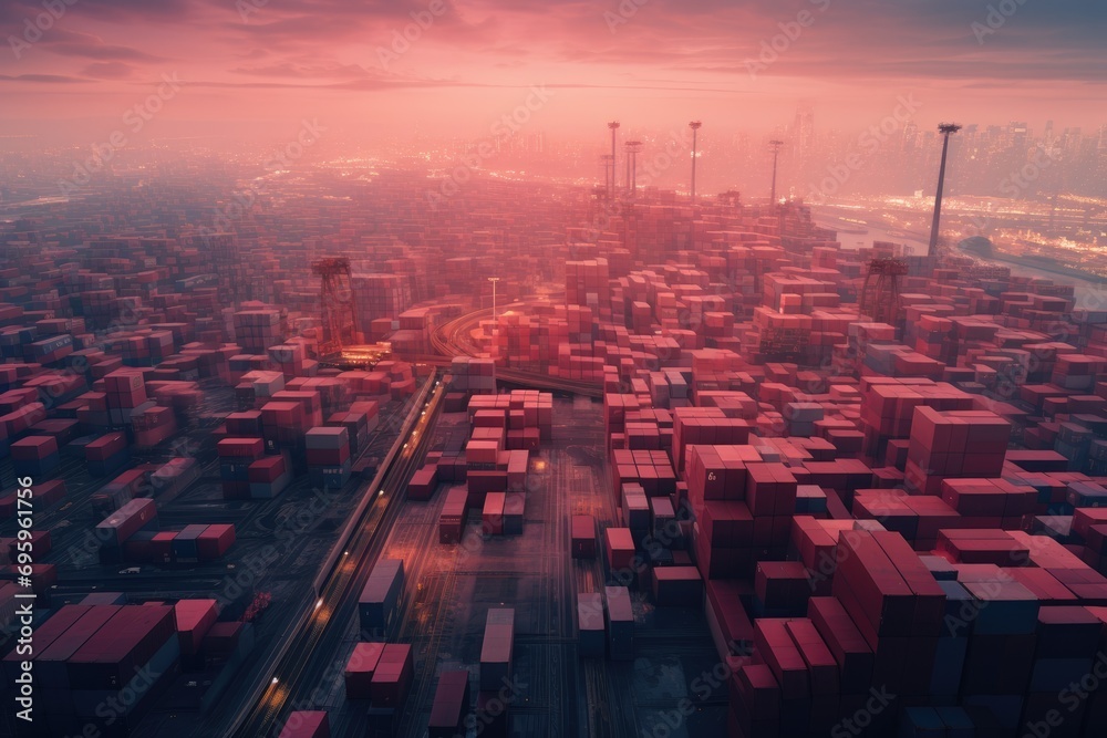 Endless stacks of red shipping containers fill a port against the ...